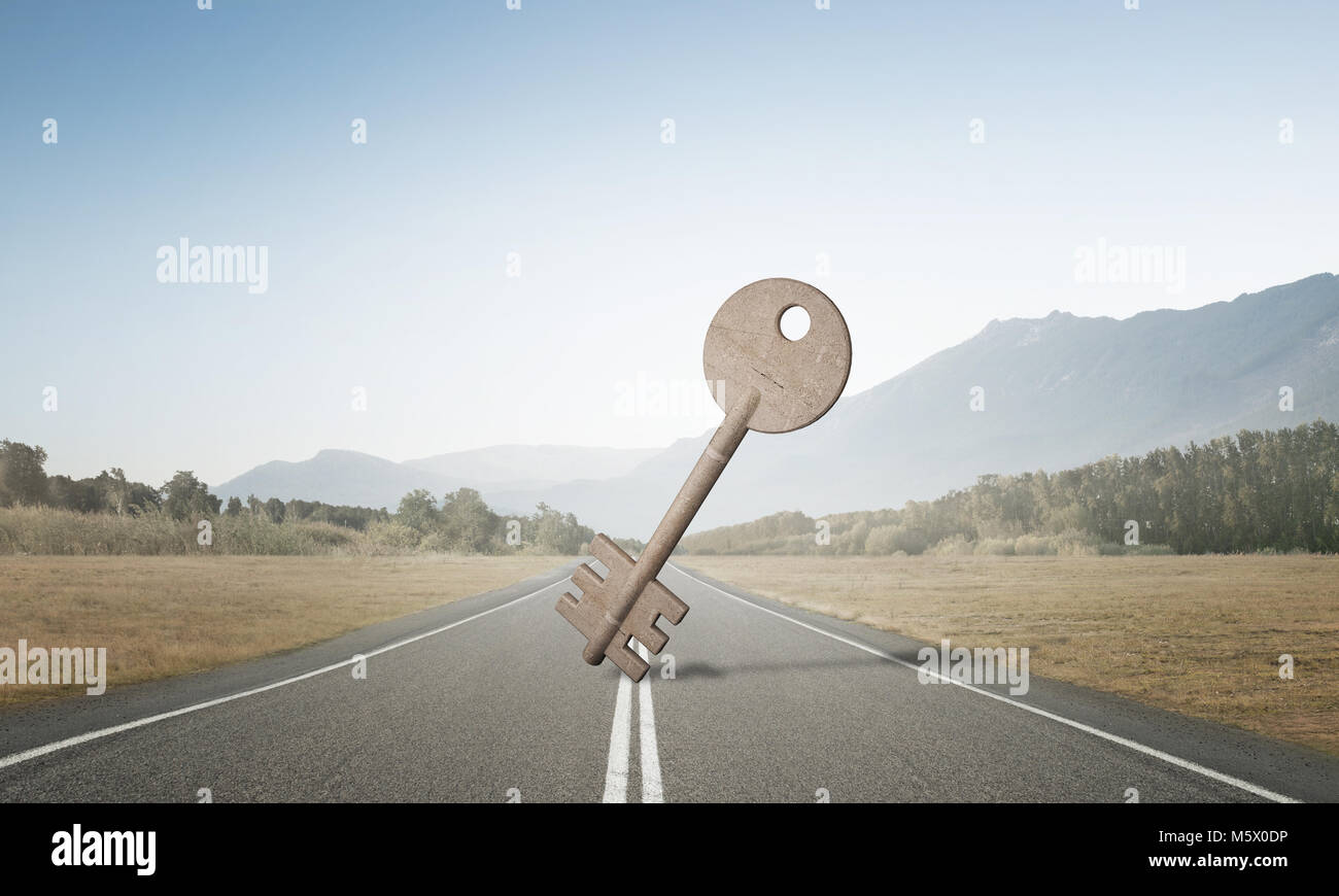 Conceptual background image of concrete key sign on asphalt road Stock ...