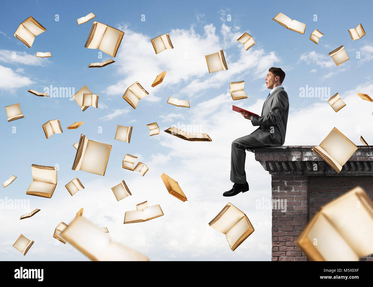 Man reading book and many of them flying in air Stock Photo - Alamy