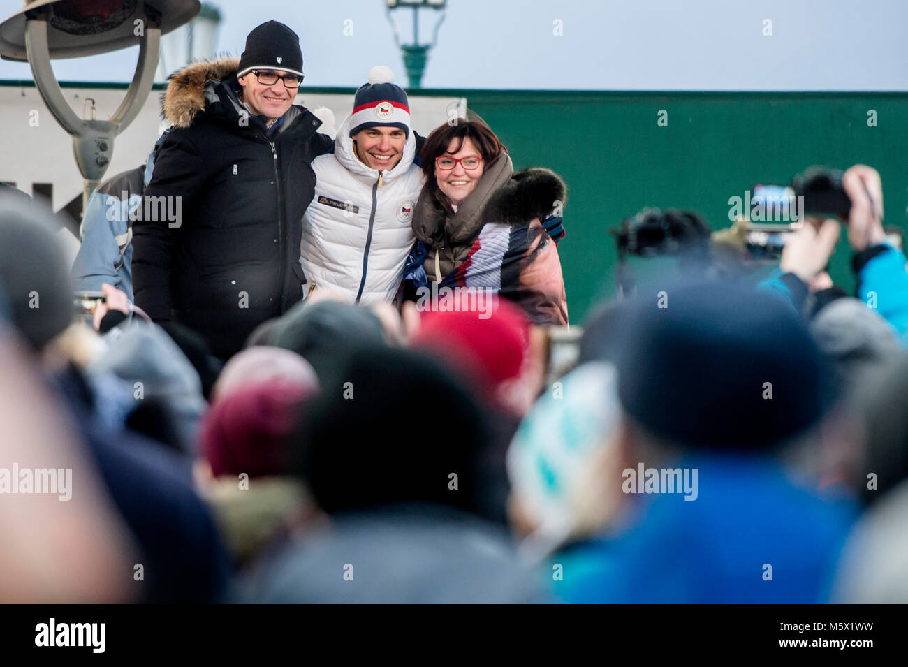 Olympic silver medallist biathlete Michal Krcmar (center) pose with his ...