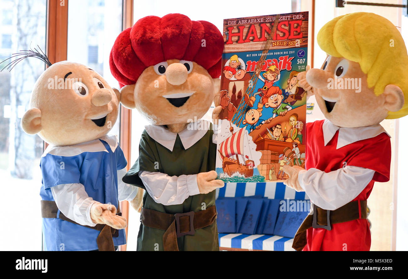 26 February 2018, Germany, Berlin: The comic figures Abrafaxe from the ...