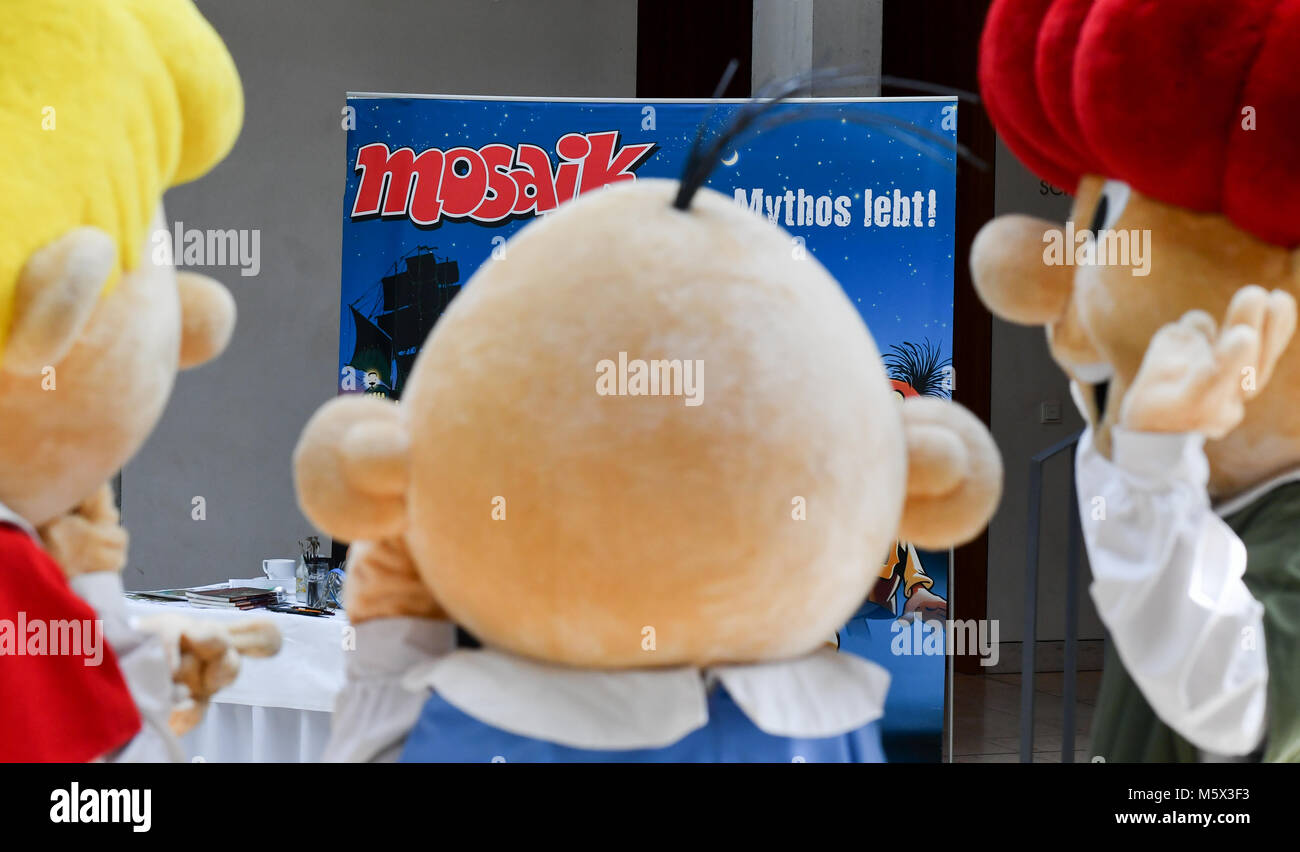 26 February 2018, Germany, Berlin: The comic figures Abrafaxe from the ...