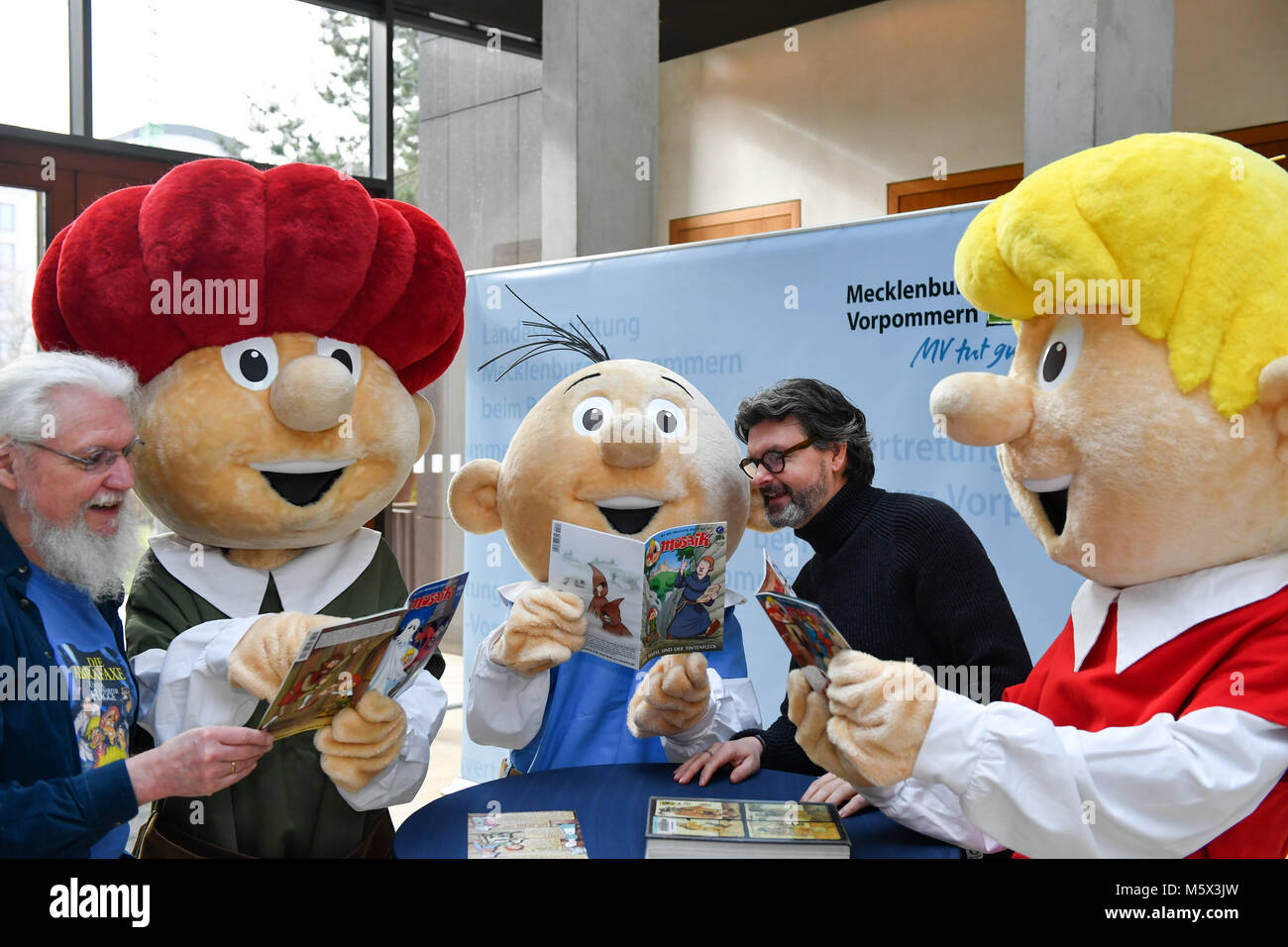 26 February 2018, Germany, Berlin: The comic figures Abrafaxe from the ...