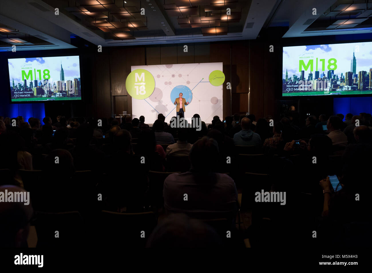 New York, NY - February 26, 2018: Michael Howard CEO MariaDB speaks on ...