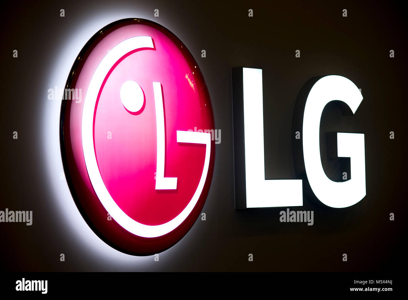 Barcelona, Spain. 26 February, 2018: A 'LG' logo sits illuminated ...
