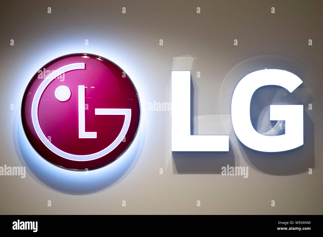 Barcelona, Spain. 26 February, 2018: A 'LG' logo sits illuminated ...