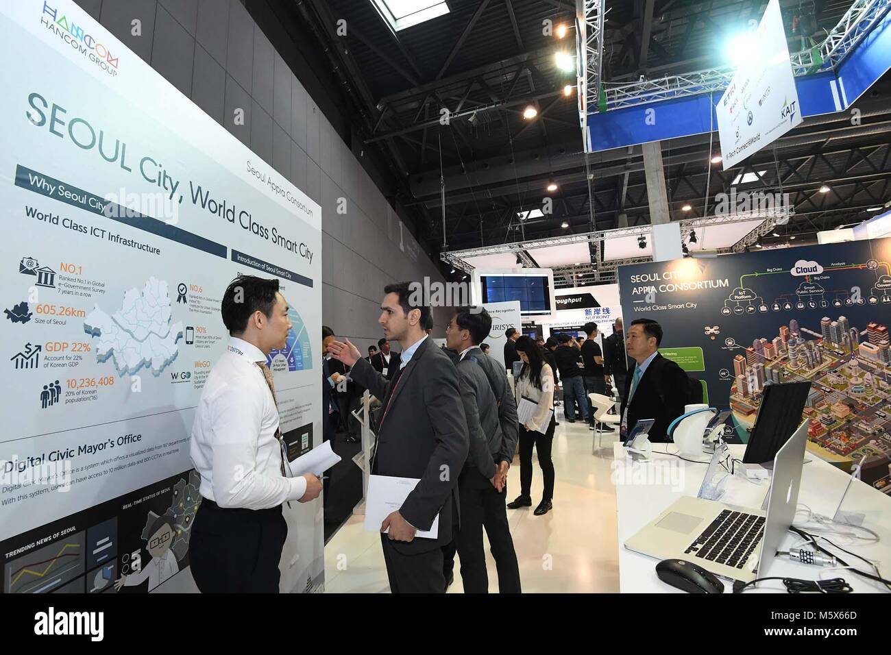 27th Feb, 2018. Hancom Inc. booth at MWC Shown is a booth of Hancom Inc ...