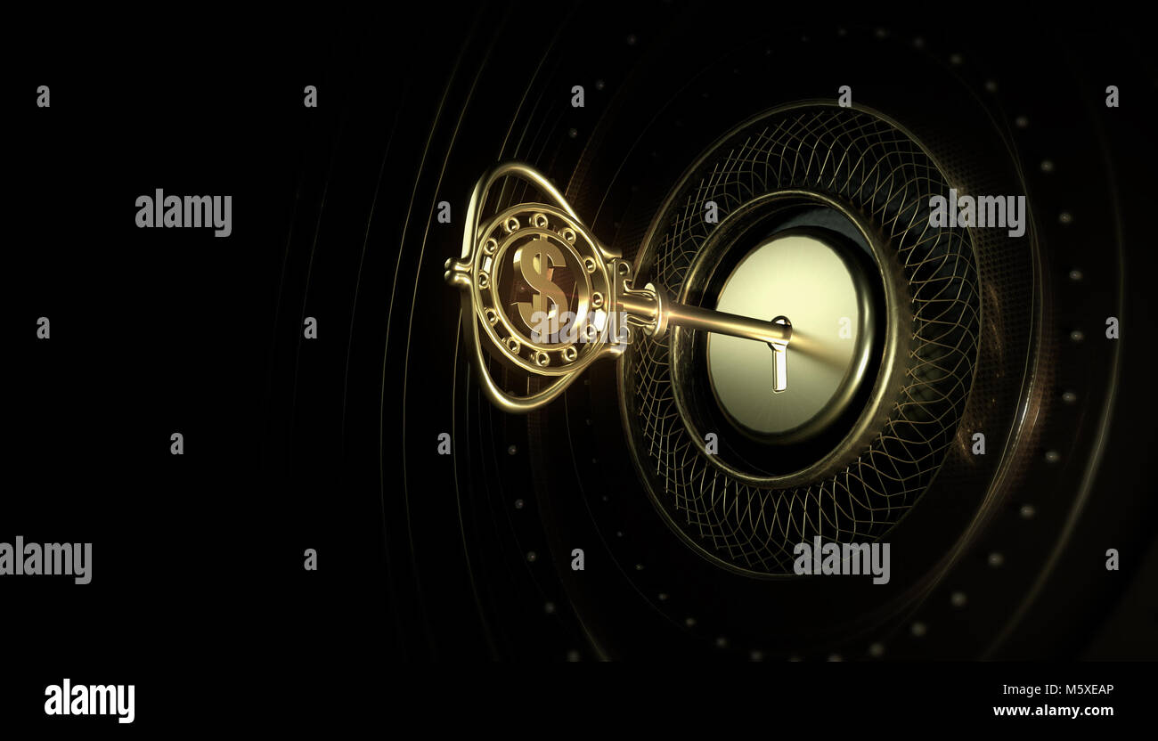 golden refined key with a dollar sign inserted in a keyhole on a dark ...