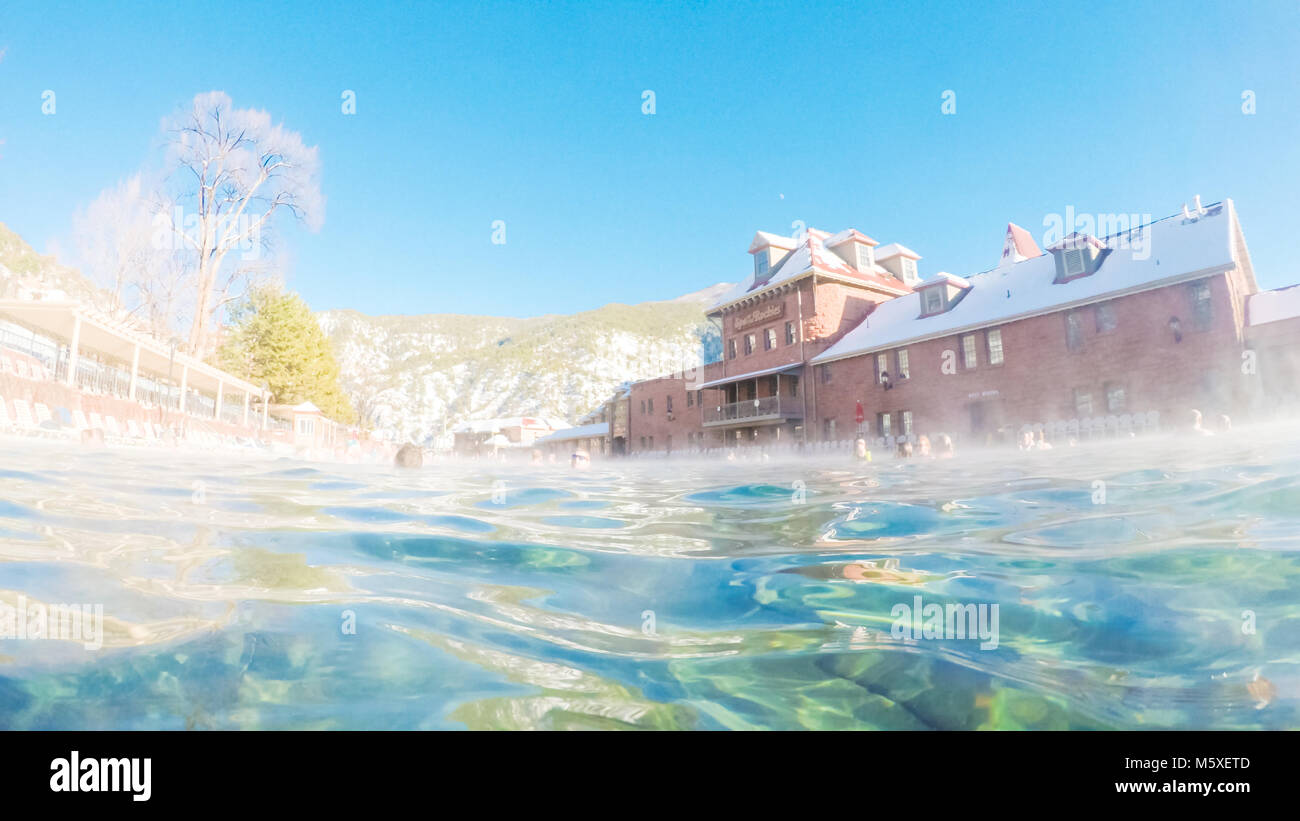 Swimming in outdoor hot springs pool in the Winter Stock Photo - Alamy