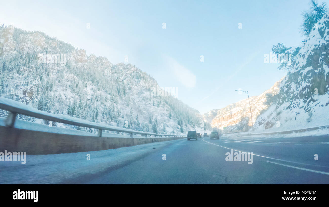 Driving through Mountain terrain in the Winter Stock Photo - Alamy