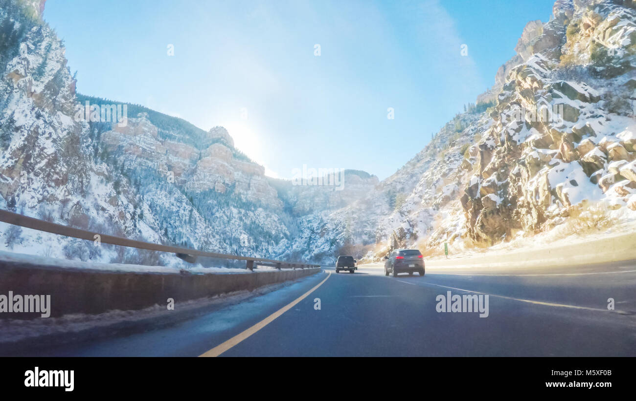 Driving through Mountain terrain in the Winter Stock Photo - Alamy
