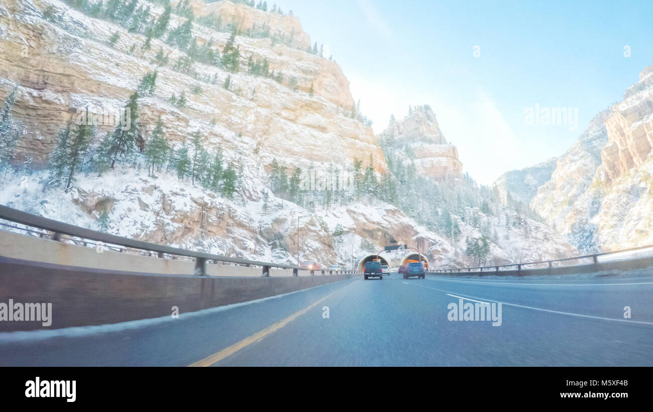 Driving through Mountain terrain in the Winter Stock Photo - Alamy