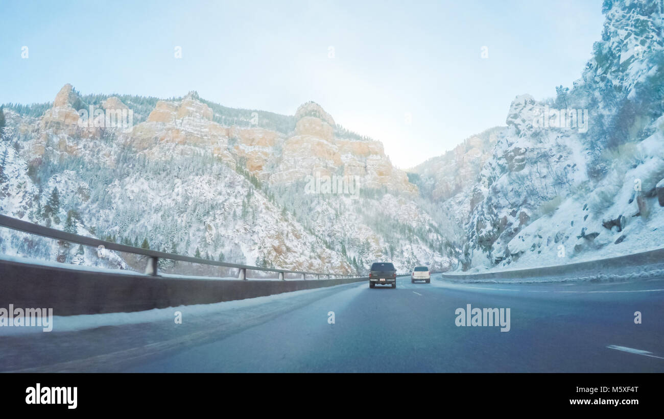Driving through Mountain terrain in the Winter Stock Photo - Alamy