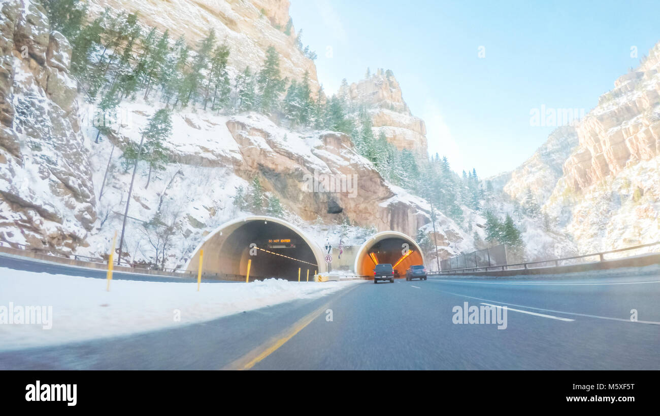 Driving through Mountain terrain in the Winter Stock Photo - Alamy