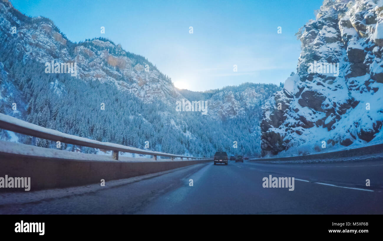 Driving through Mountain terrain in the Winter Stock Photo - Alamy
