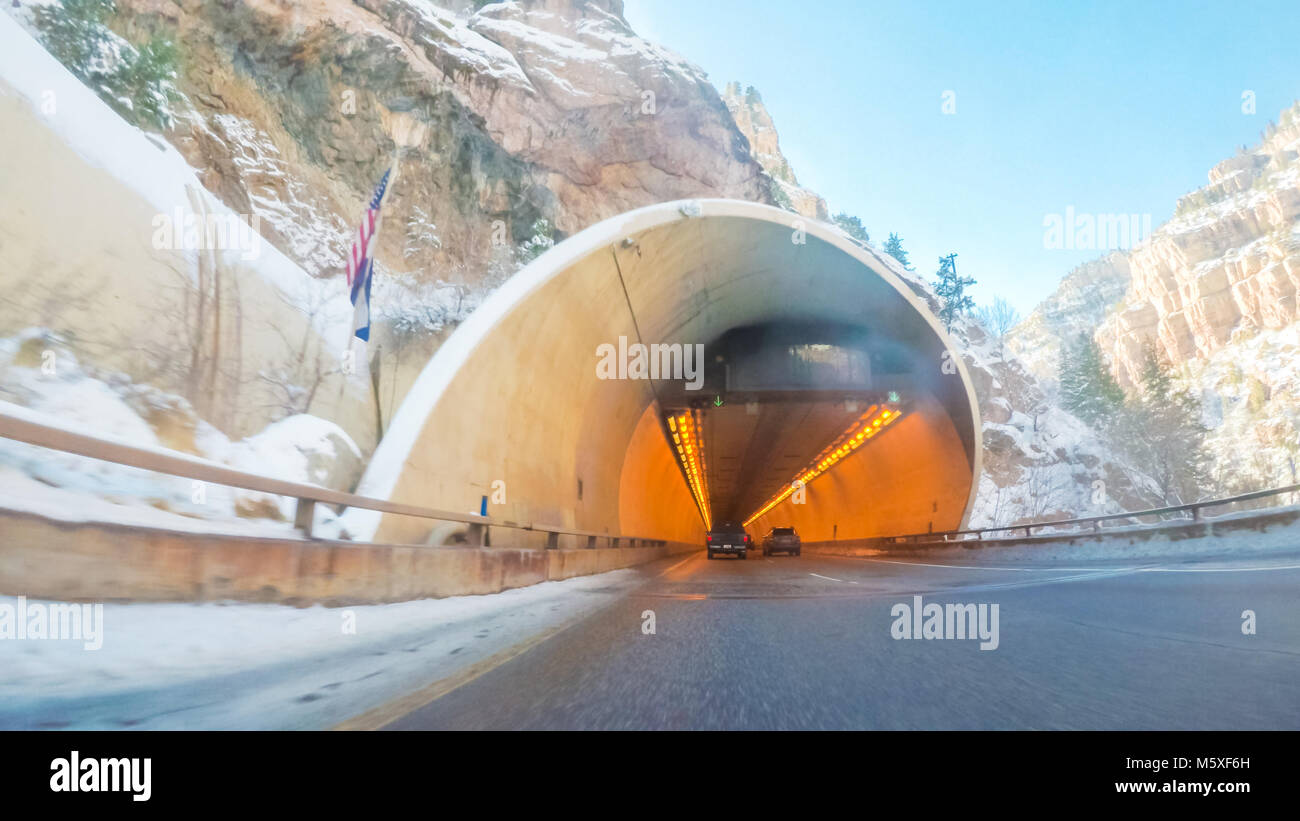 Driving through Mountain terrain in the Winter Stock Photo - Alamy