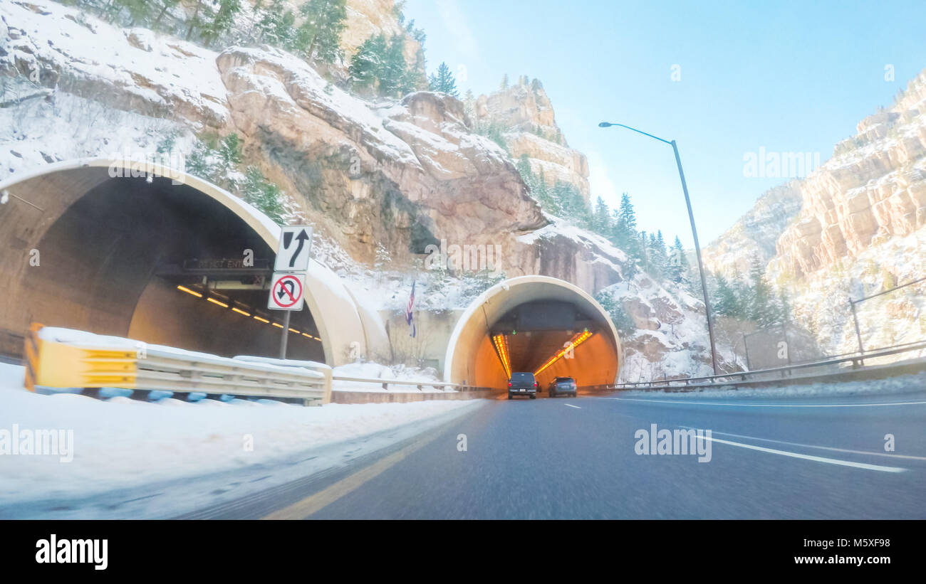 Driving through Mountain terrain in the Winter Stock Photo - Alamy