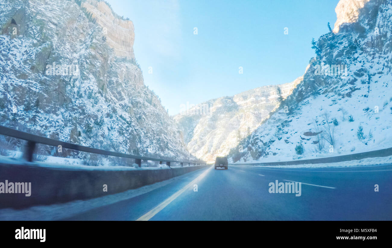 Driving through Mountain terrain in the Winter Stock Photo - Alamy