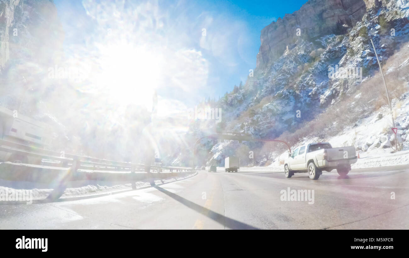 Driving through Mountain terrain in the Winter Stock Photo - Alamy