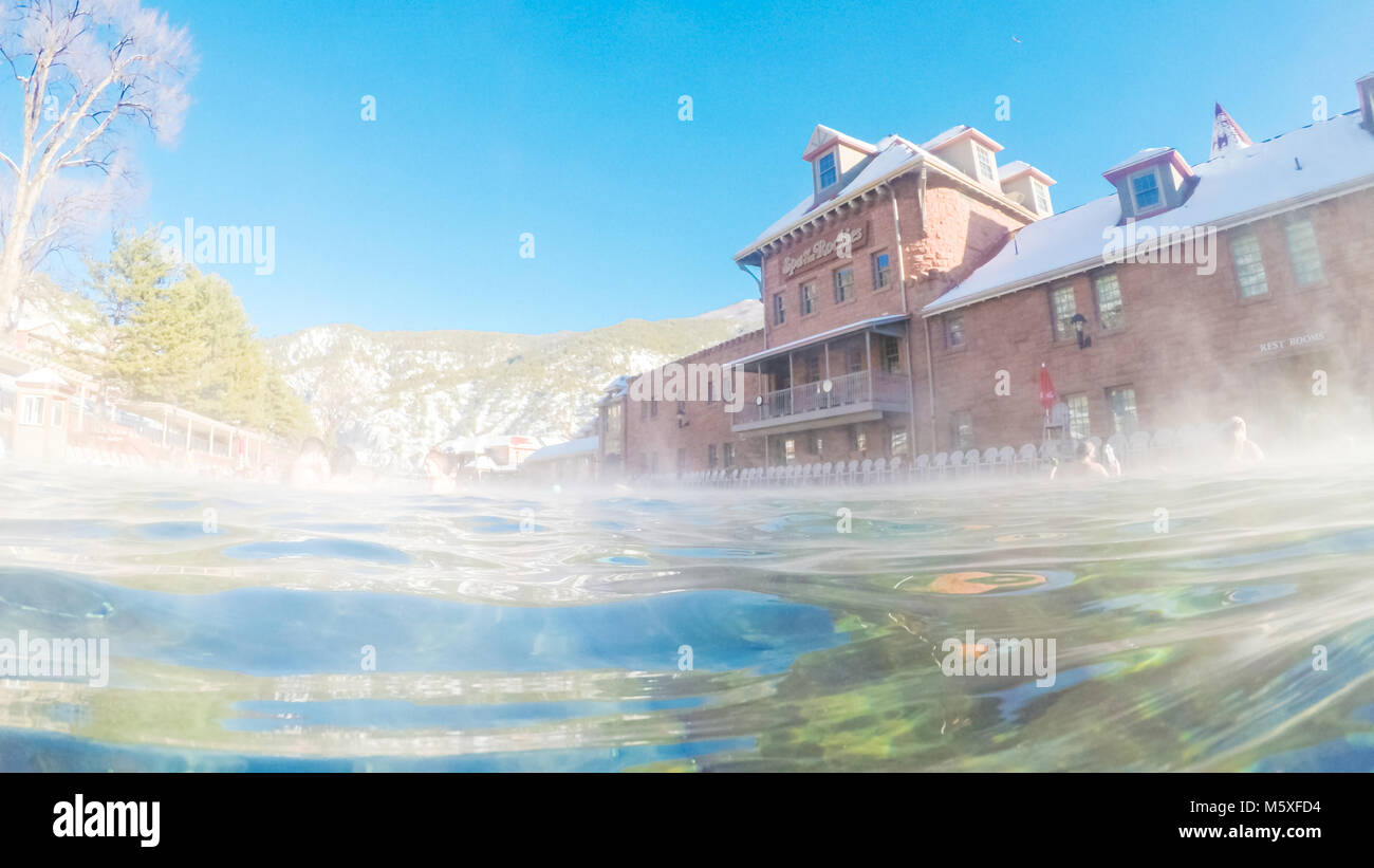 Swimming in outdoor hot springs pool in the Winter Stock Photo - Alamy