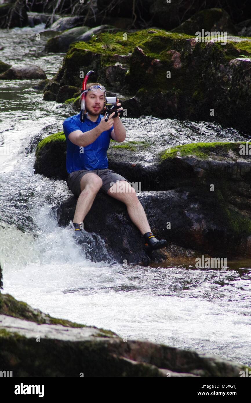 Young Man Wild Swimming at Sharrah Pool on the River Dart, Holne Woods ...