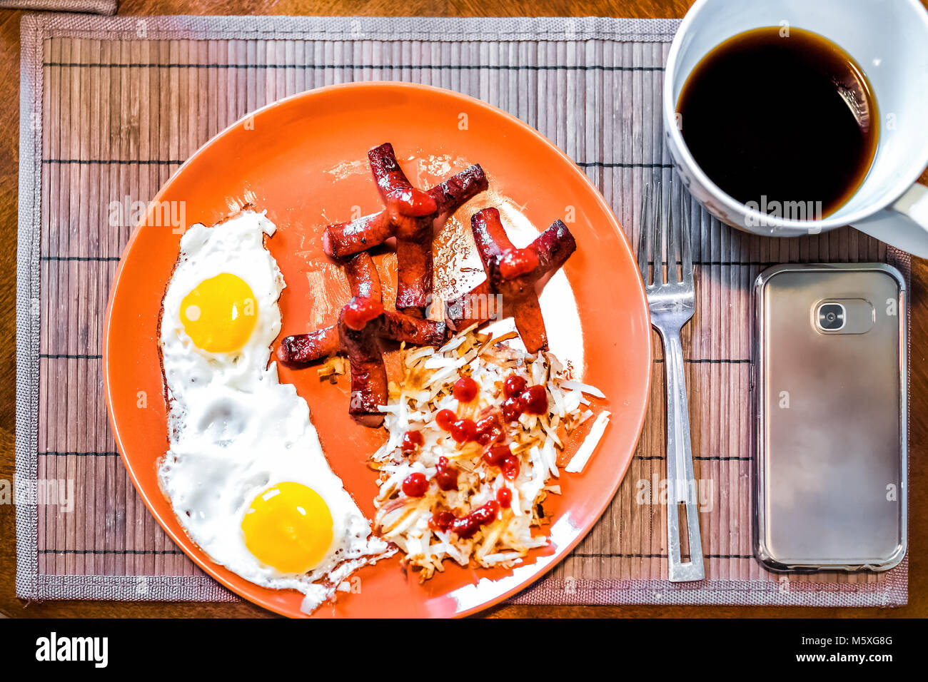 Flat lay top view closeup of large breakfast brunch plate with fried ...