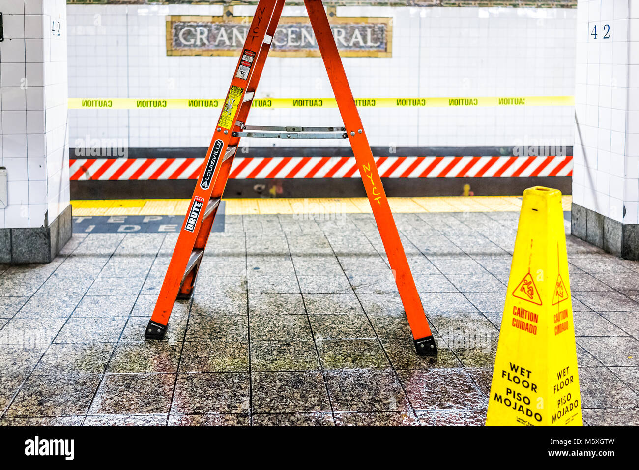 New York City, USA - October 29, 2017: Caution tape sign in underground ...