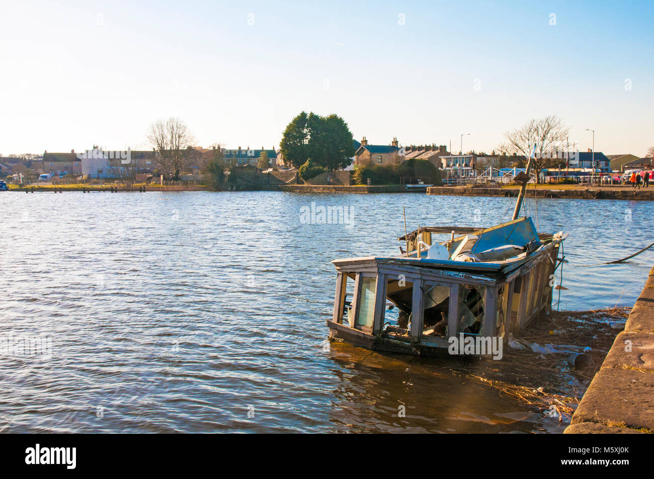 Sunken boat in canal basin at Glasson Dock Lancaster Lancashire England ...