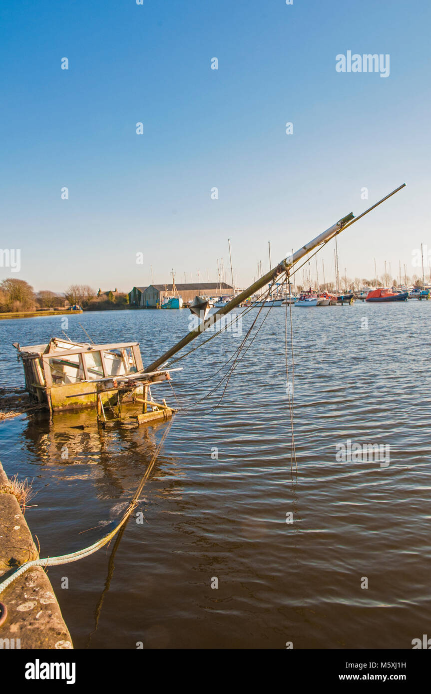 Sunken boat in canal basin at Glasson Dock Lancaster Lancashire England ...