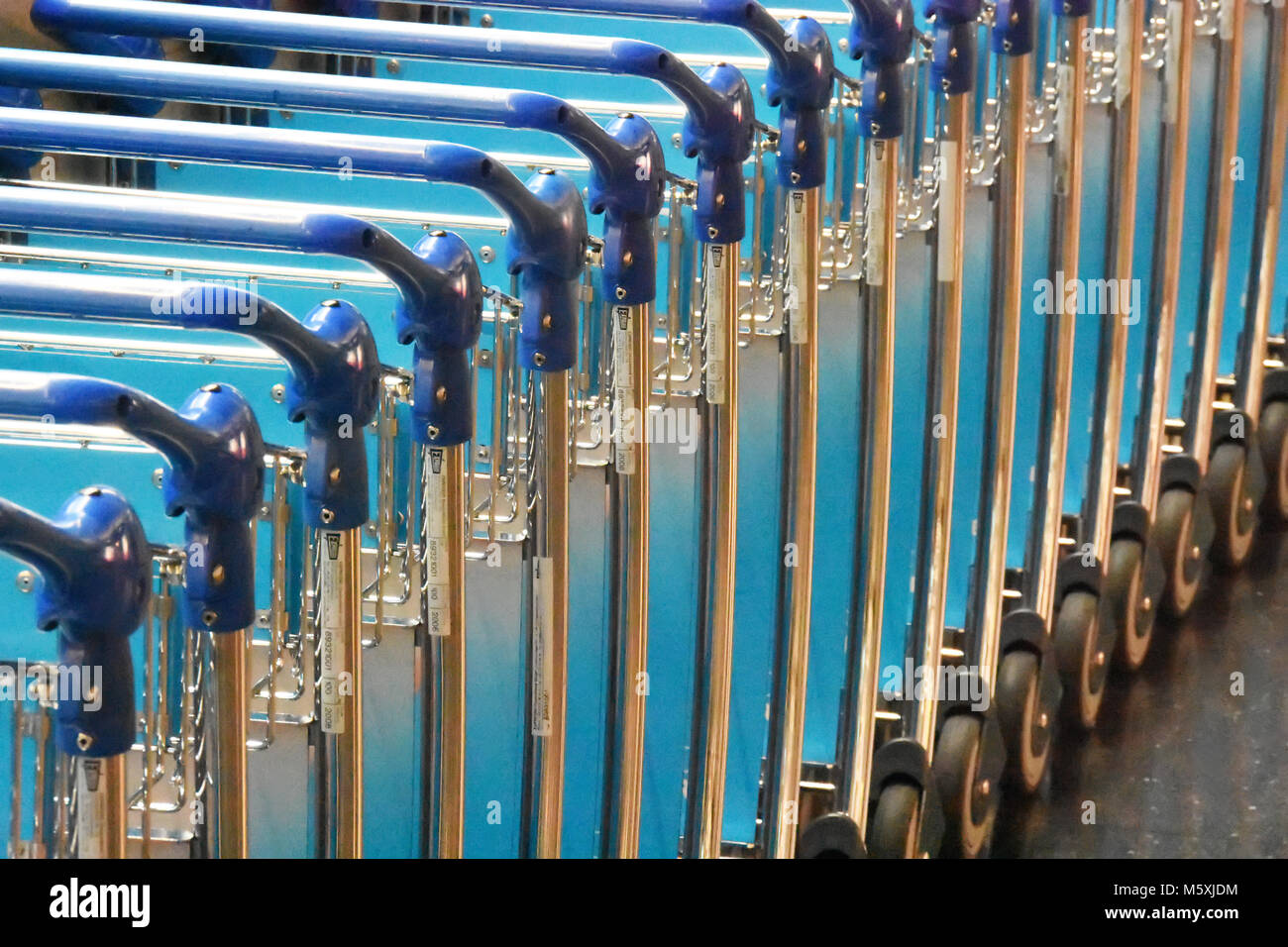 Airport trolley parking lot with empty trolleys - closeup Stock Photo ...