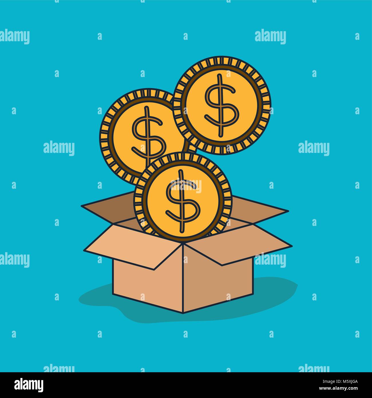 cardboard box opened with three big coins in blue background Stock ...