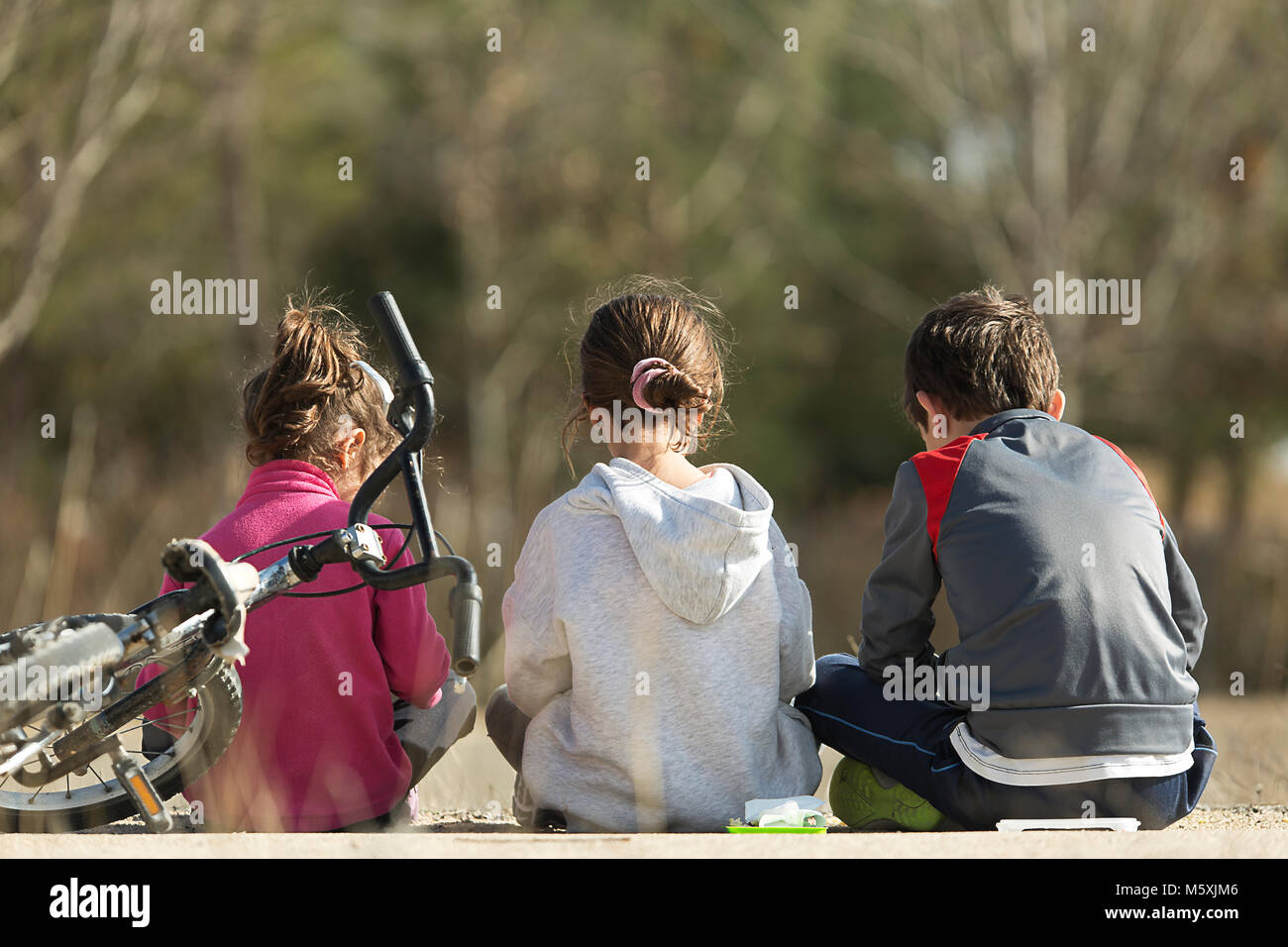 Three children sitting on the floor with their backs to the camera ...