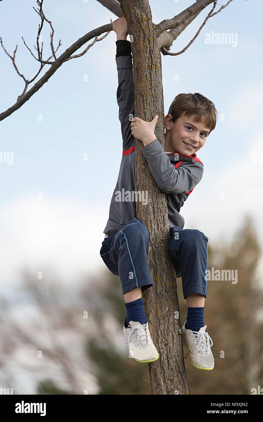 10-year-old boy climbing on a tree looking towards the camera ...