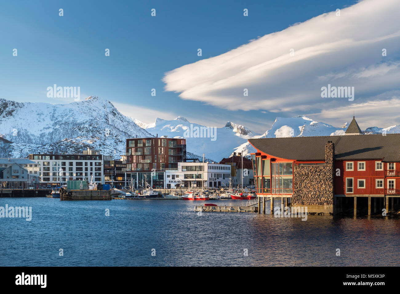 Townscape Svolvaer, harbour, snow-covered mountains in the background ...