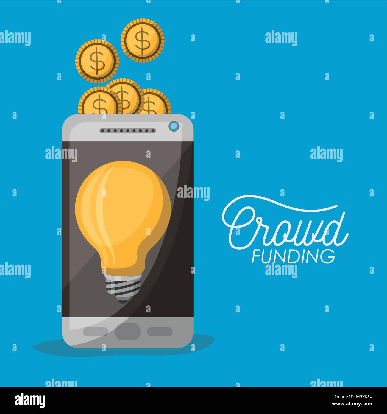 crowdfunding poster of smartphone with light bulb in screen and coins ...
