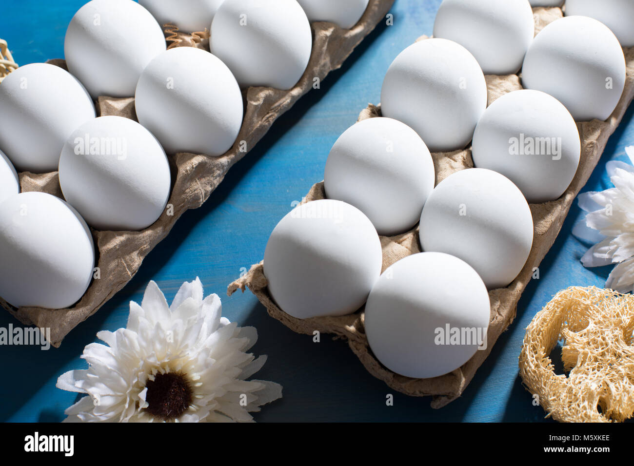Clean white eggs on a deep blue background, flat lay Stock Photo - Alamy