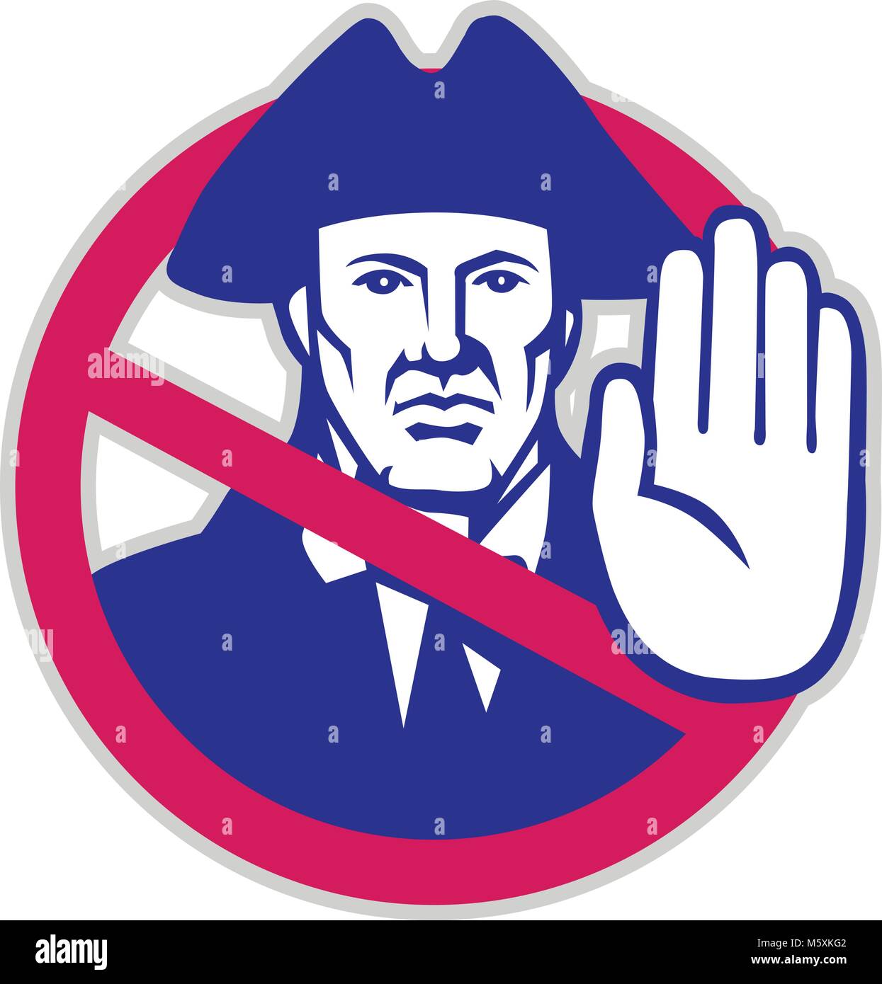 Retro icon style illustration of an American patriot with hand up stop ...