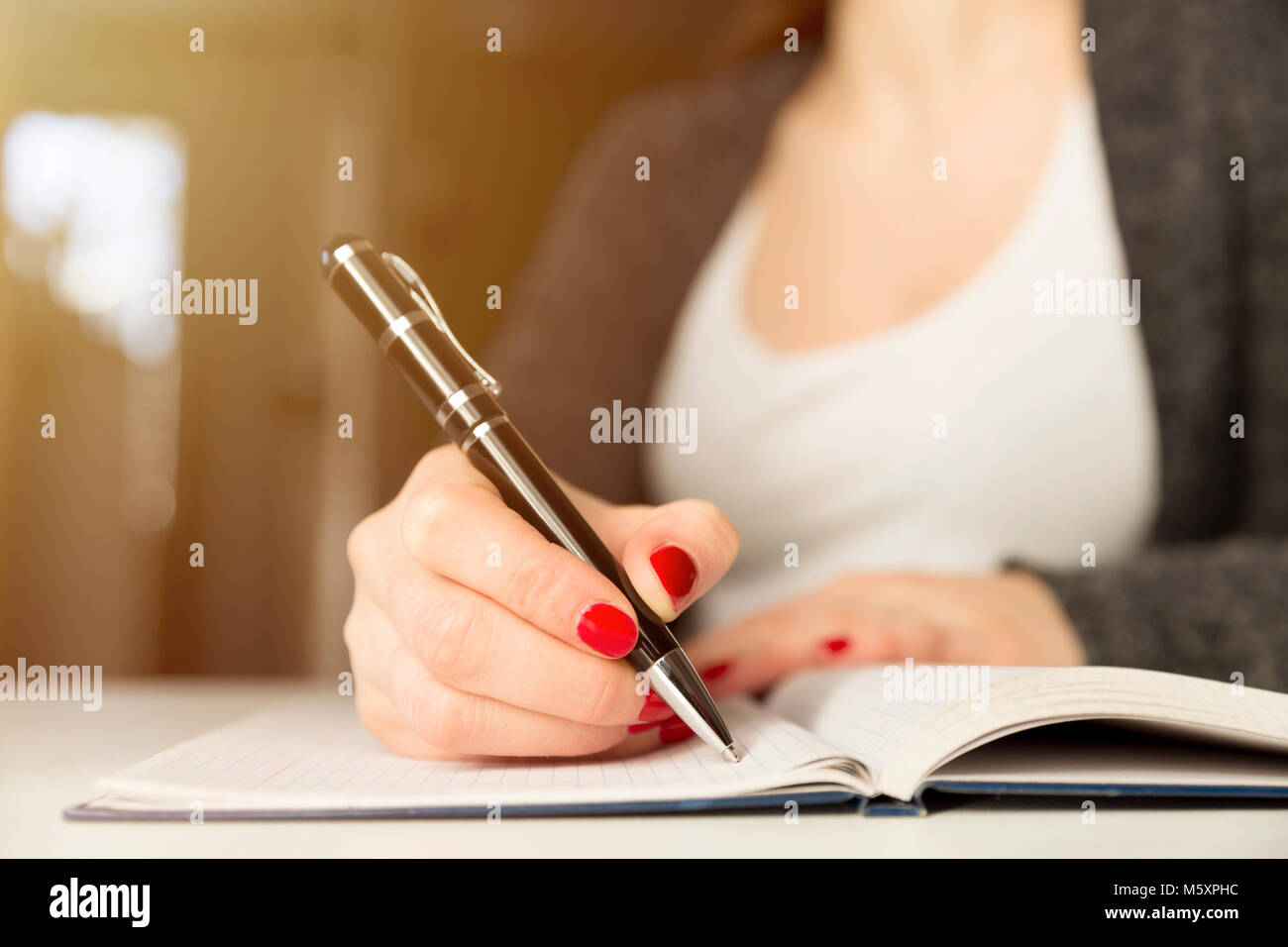 Female hands with pen writing on notebook. Diary, plans, journalist ...