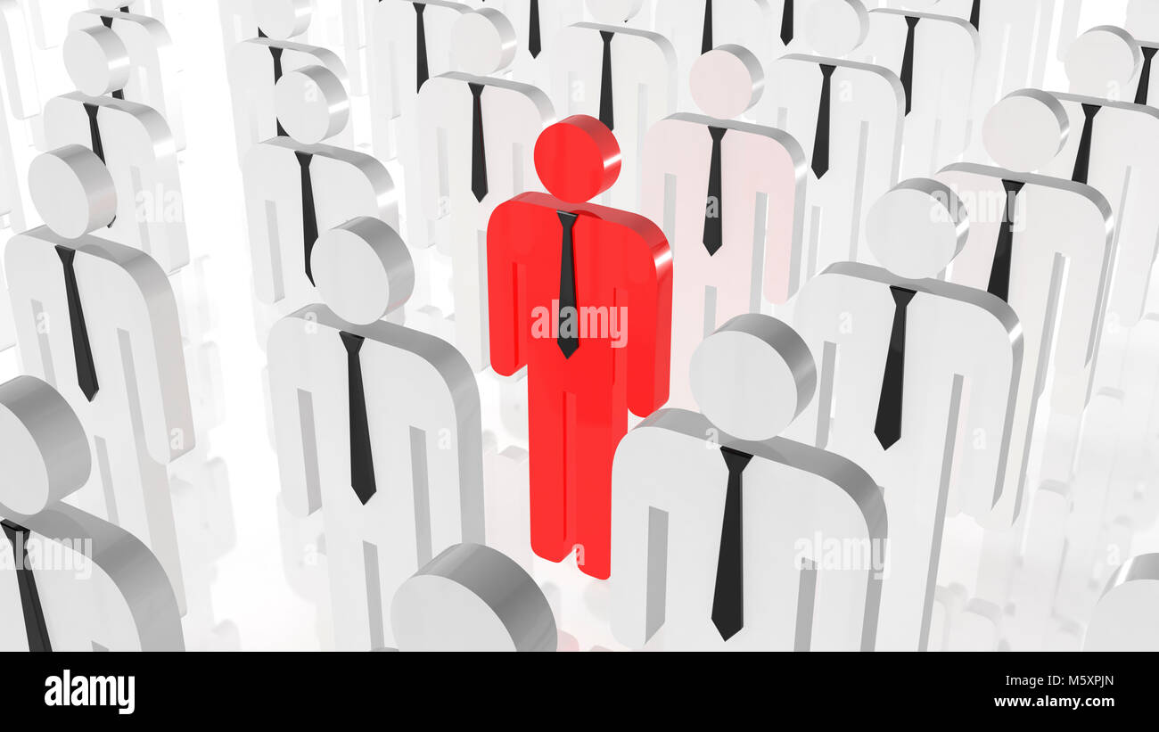Stand out from crowd concept. Red man icon in middle of white man icons ...