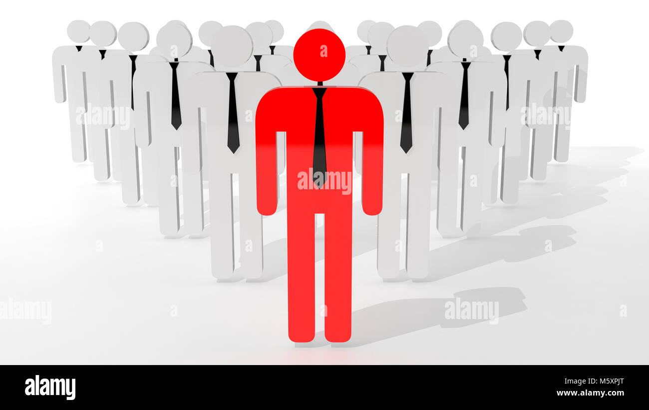 Stand out from crowd concept. Red man icon in middle of white man icons ...