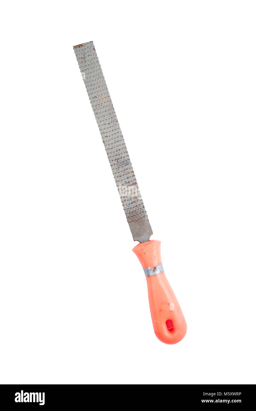 Set of Used metal file with orange handle isolated on a white ...