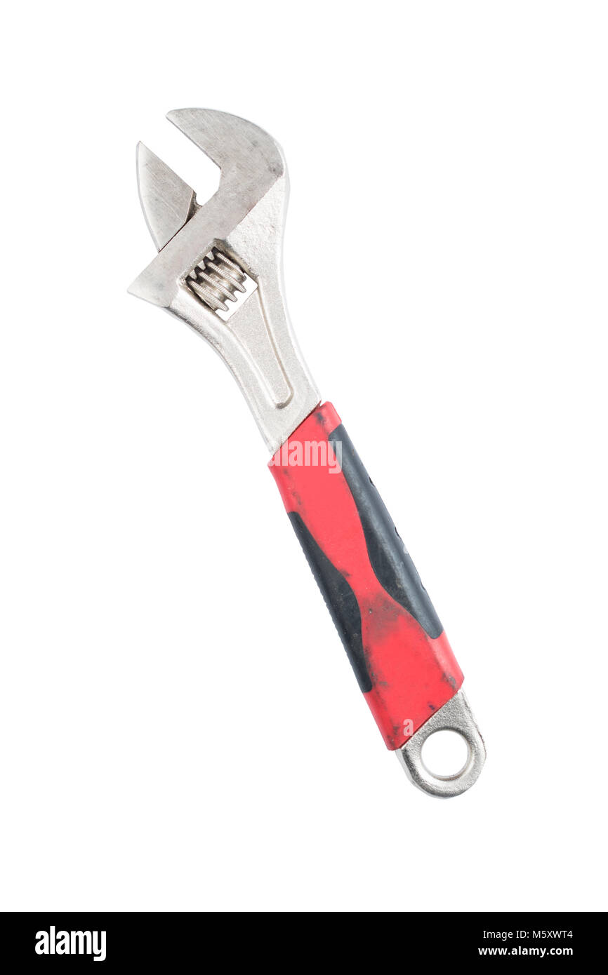Adjustable wrench with red handle isolated on a white background. Path ...