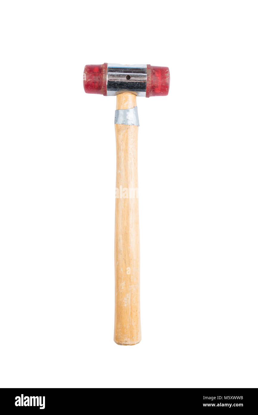 Small hammer with wooden handle and red rubber head isolated on a white ...