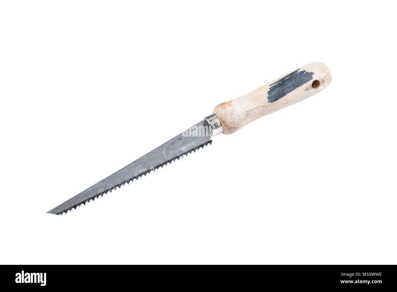 Small metal handhold saw with wooden handle isolated on white ...