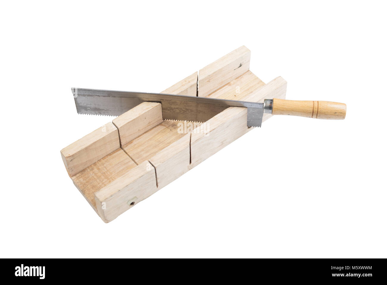 Metal saw with wooden handle standing in a wooden miter box ...