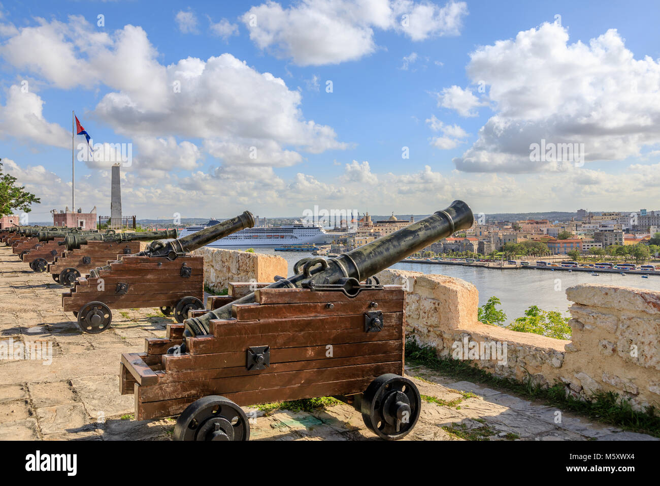 El Morro spanish fortress with lighthouse, cannons and cuban flag in th ...