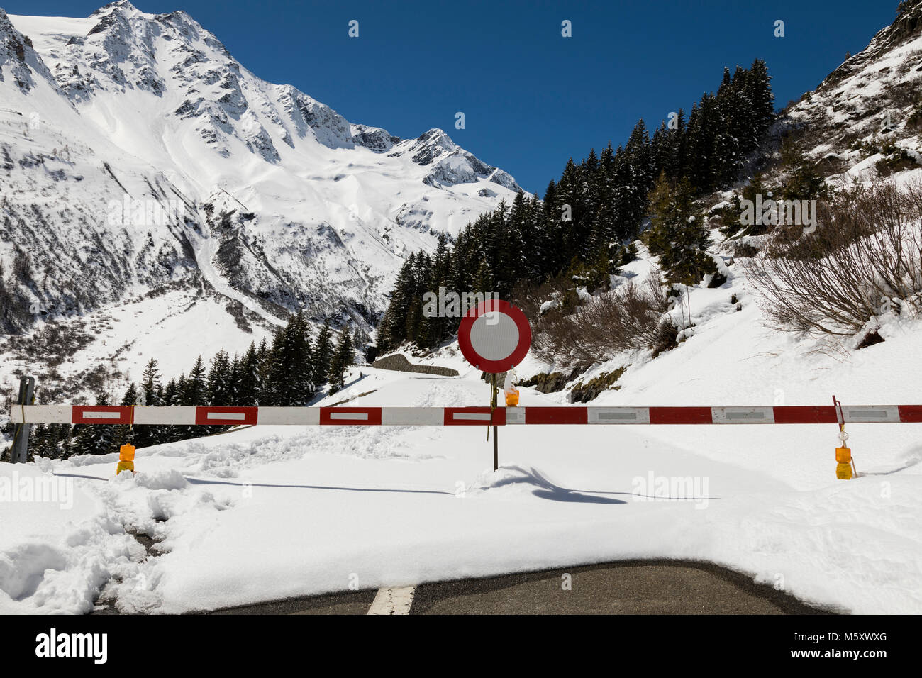 Locked Susten pass road in winter in the Alps in Switzerland Stock ...