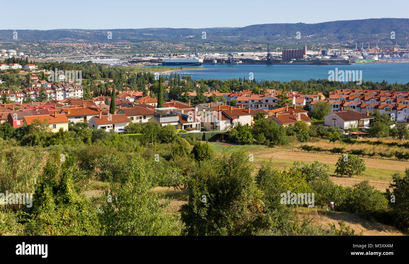 Seaside resort of Ankaran, Slovenia, with the seaport of Koper in the ...