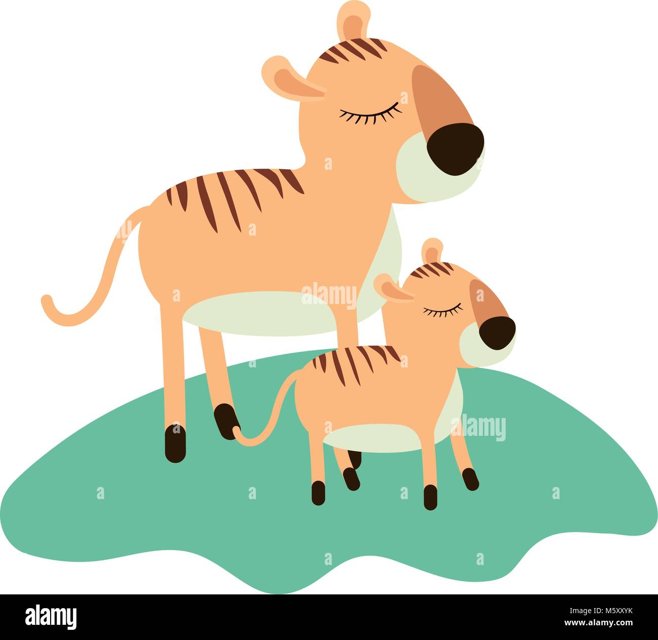 cartoon tiger mom and cub over grass in colorful silhouette on white ...