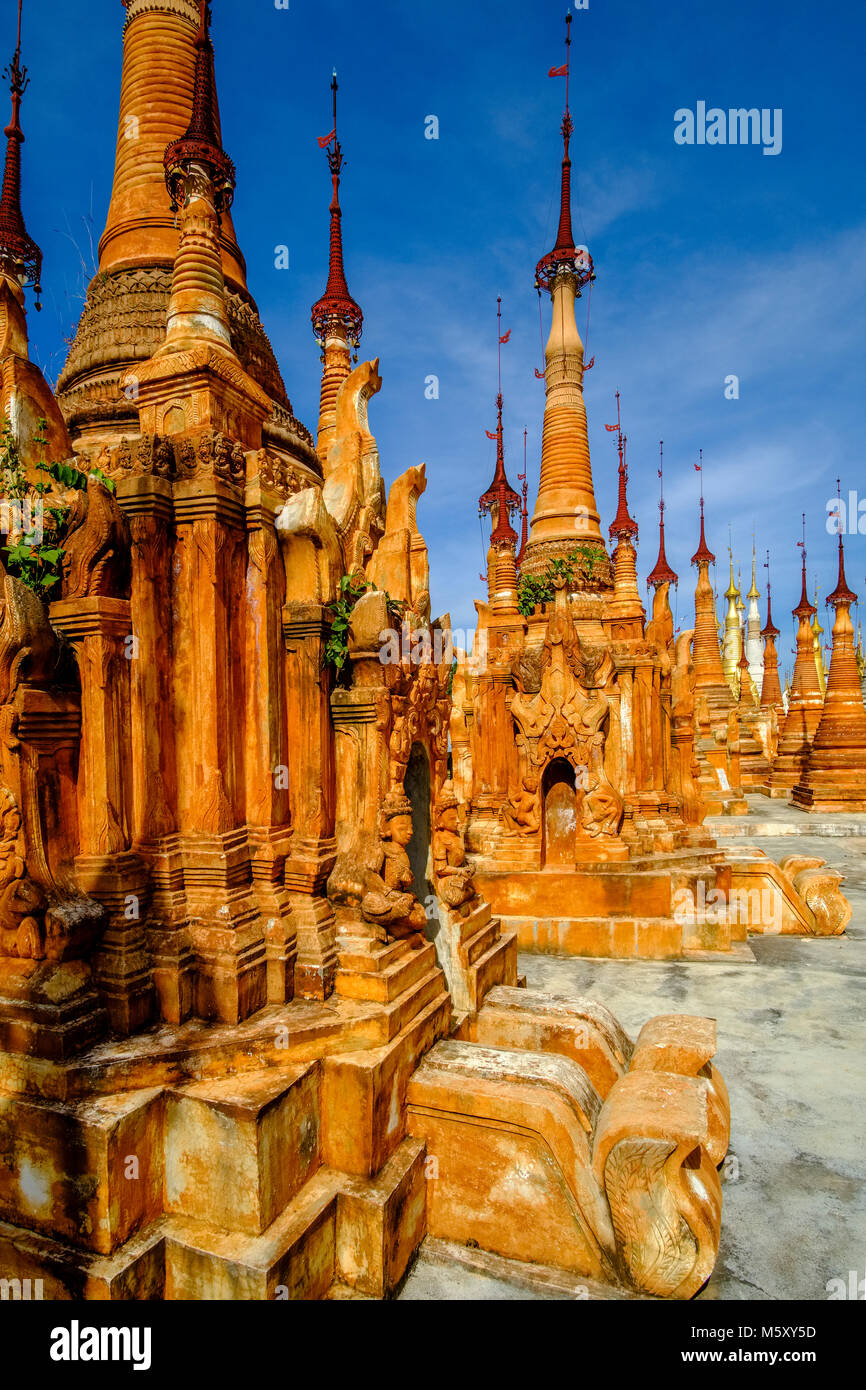 The partly restored monuments of Shwe Indein Pagoda are located on a ...