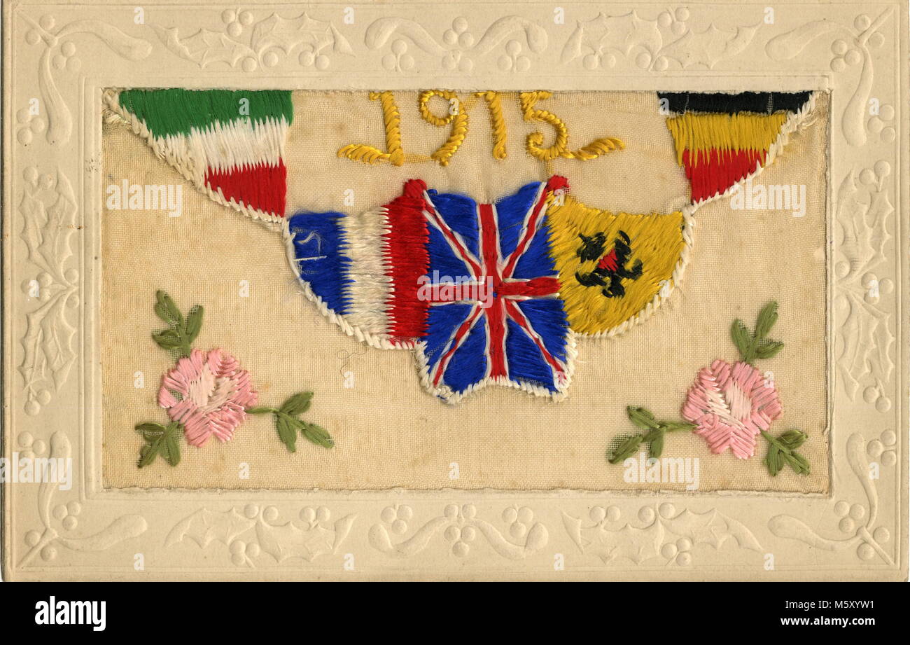 AJAXNETPHOTO. 1914-1918. WW1 EPHEMERA. - A SILK EMBROIDERED LETTER CARD DEPICTING NATIONAL FLAGS ...